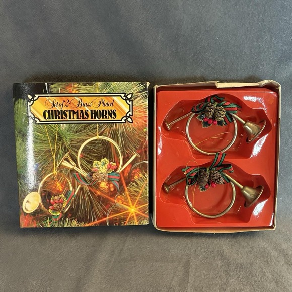 Holiday | Wa Brass Plated Christmas Horn Ornaments Set Of 2 W Box 1988 ...